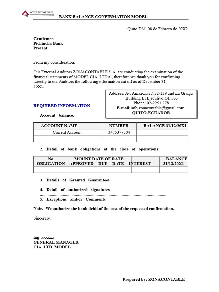 Bank Balance Confirmation Model | PDF