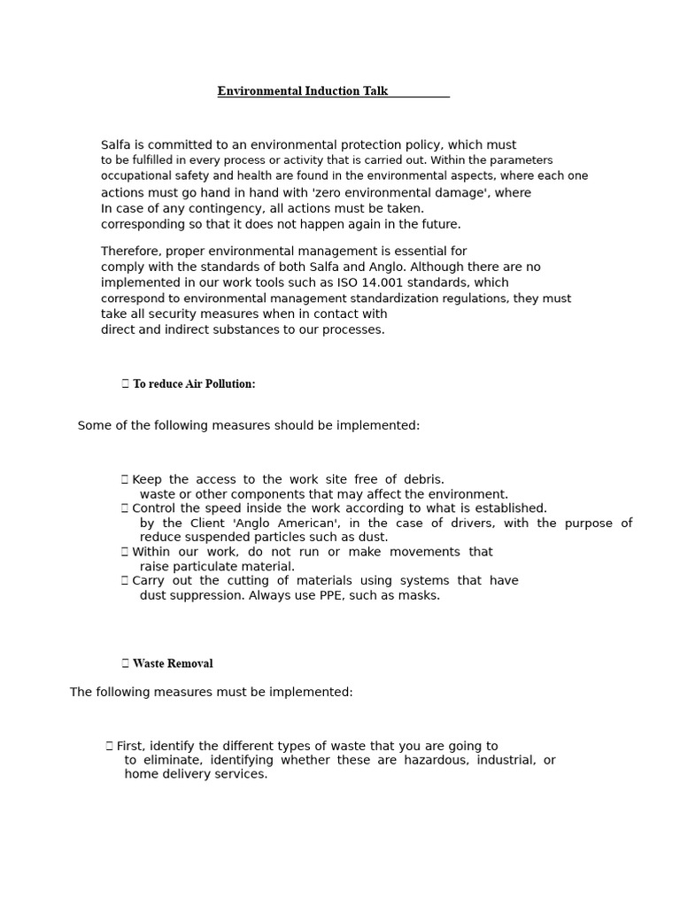Environmental Induction Talk | PDF | Waste | Particulates