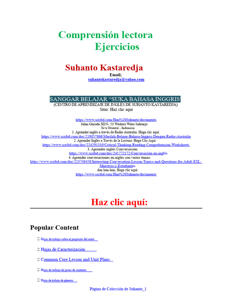 Ejercicios de Comprensión Lectora | PDF | Comprensión lectora | No ficción