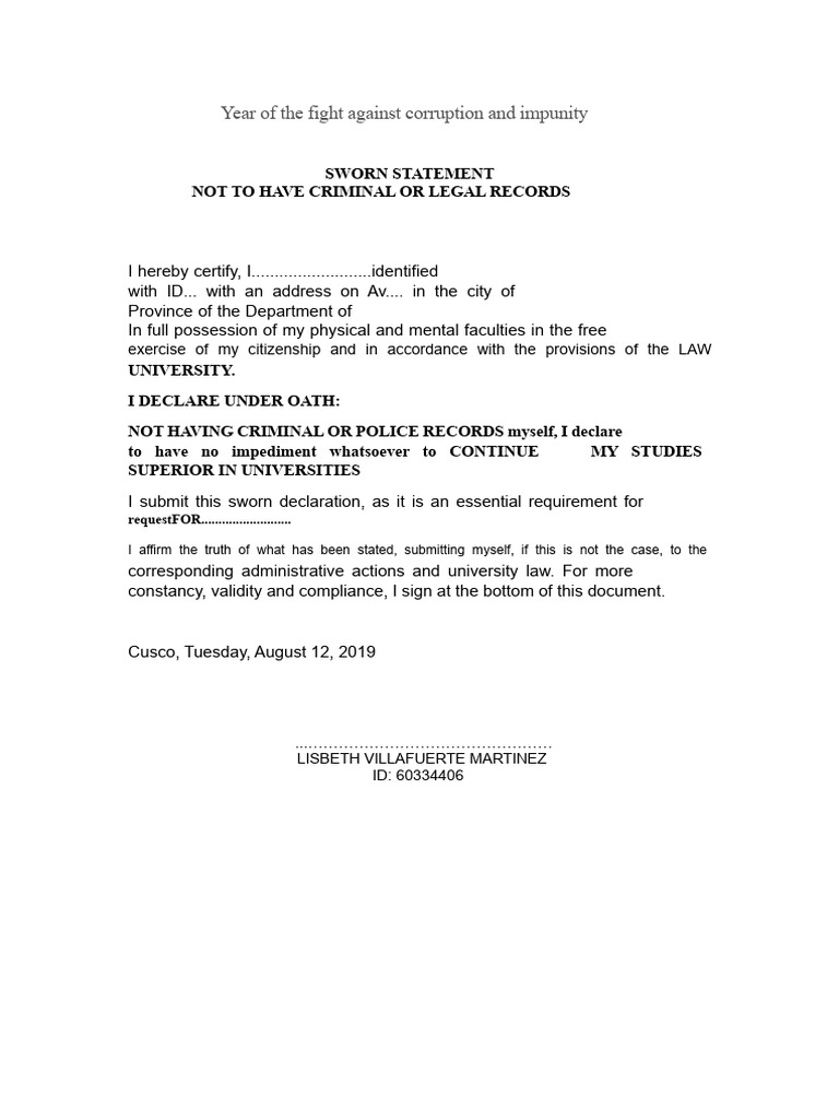 Model of Affidavit of Criminal and Police Records | PDF