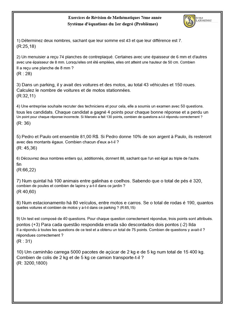 Exercices de Révision de Mathématiques 7ème Année Corrigé | PDF