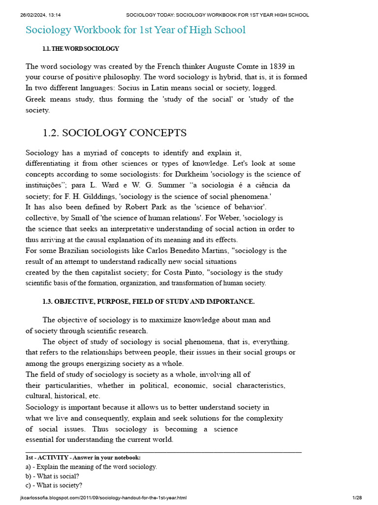 SOCIOLOGY BOOKLET FOR 1ST YEAR HIGH SCHOOL | PDF | Sociology | Positivism