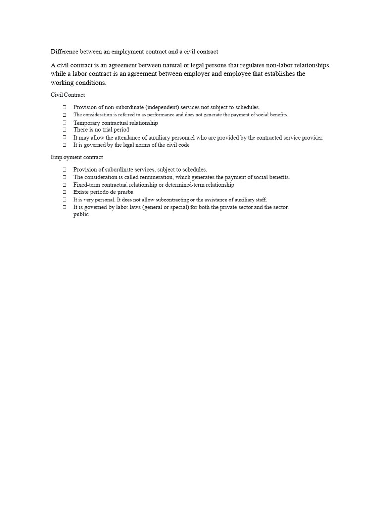 Difference Between Employment Contract and Civil Contract | PDF