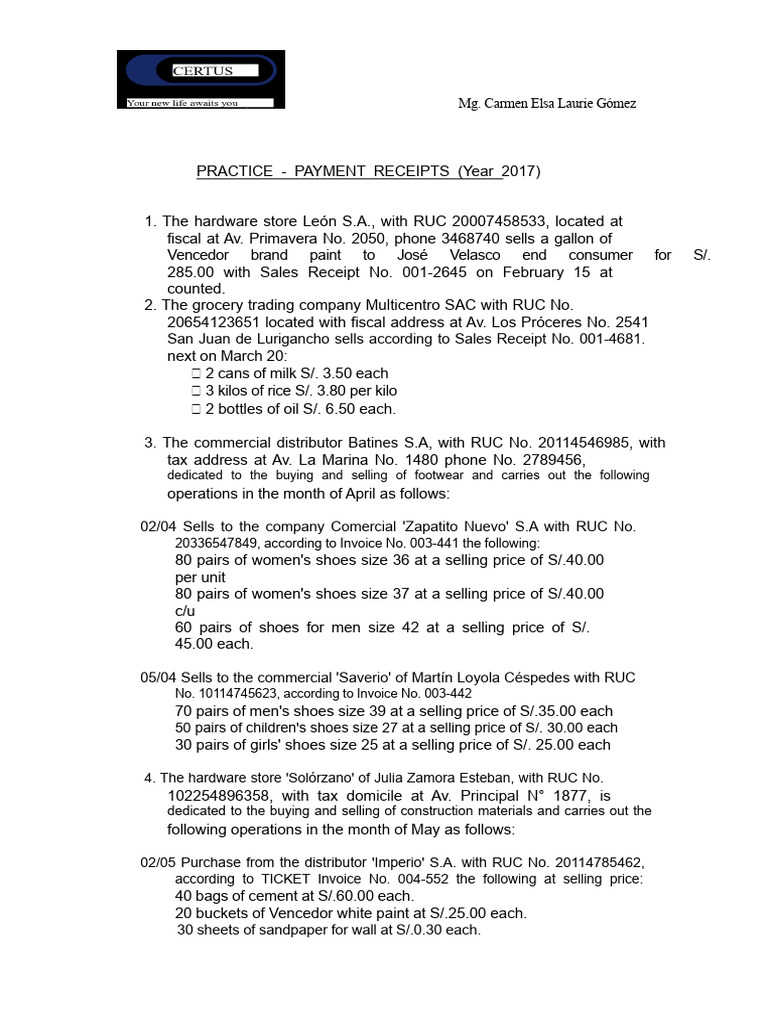 Invoice Exercise, Receipt, Purchase Settlement, Debit Note and Credit ...