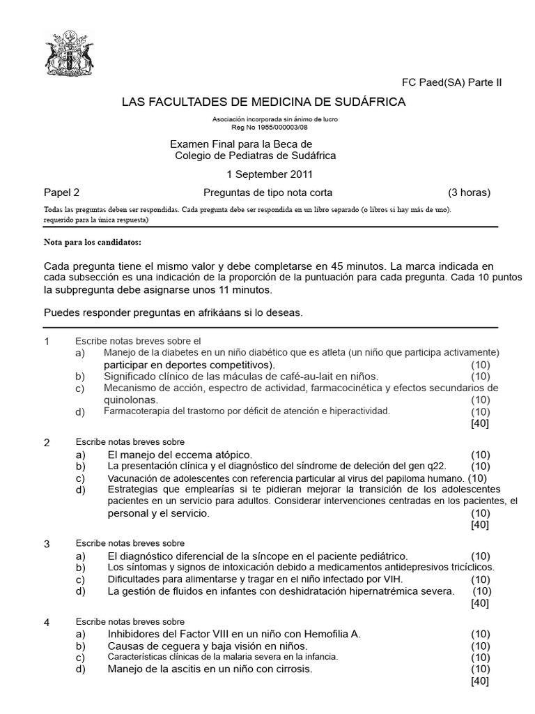 FC Paed(SA) Parte II Exámenes Anteriores - 2011 Sept 8-4-2014 | PDF ...