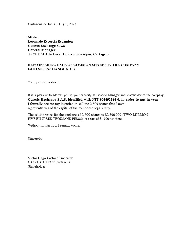 Letter of Sale of Shares | PDF
