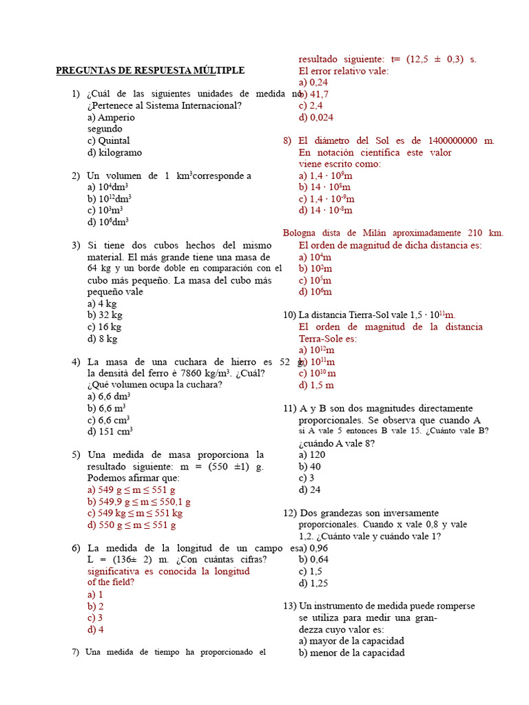 Respuesta Múltiple Medidas Errores | PDF | Kilogramo | Densidad