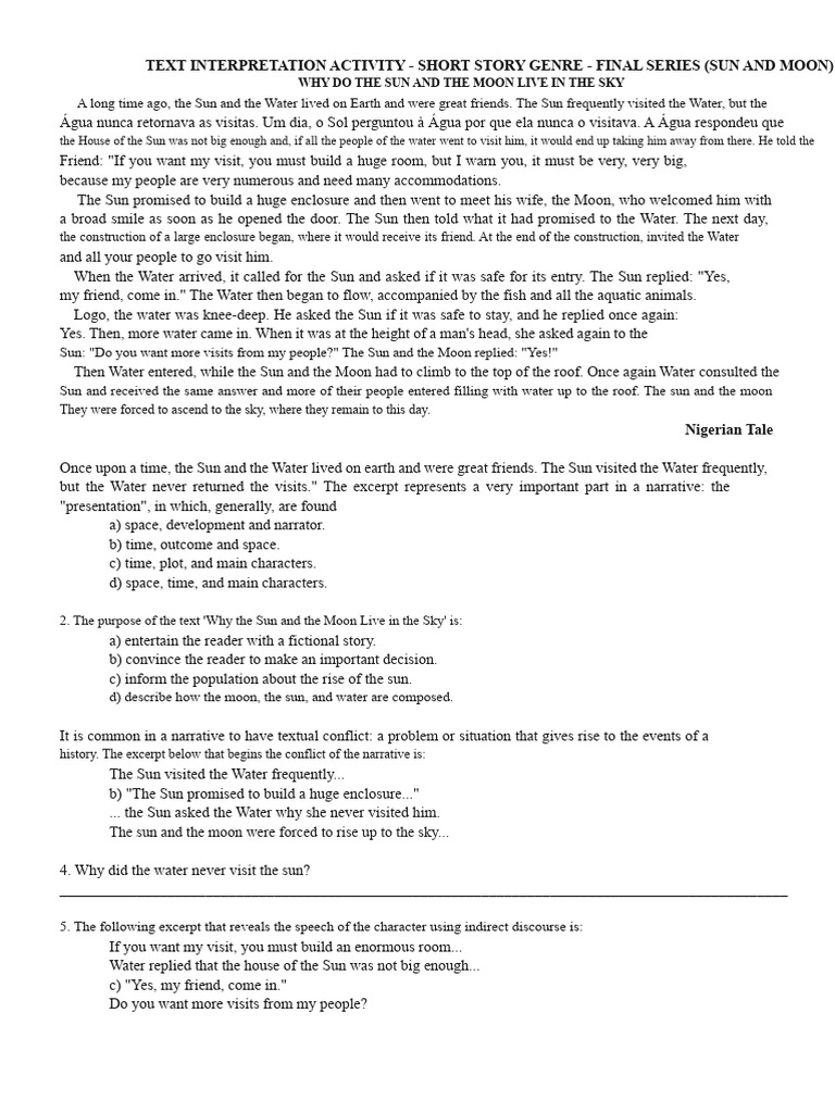 TEXT INTERPRETATION ACTIVITY - SHORT STORY GENRE - FINAL SERIES (SUN ...