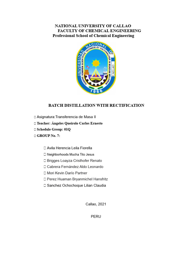 Group No. 7 Batch Distillation with Rectification | PDF | Distillation ...