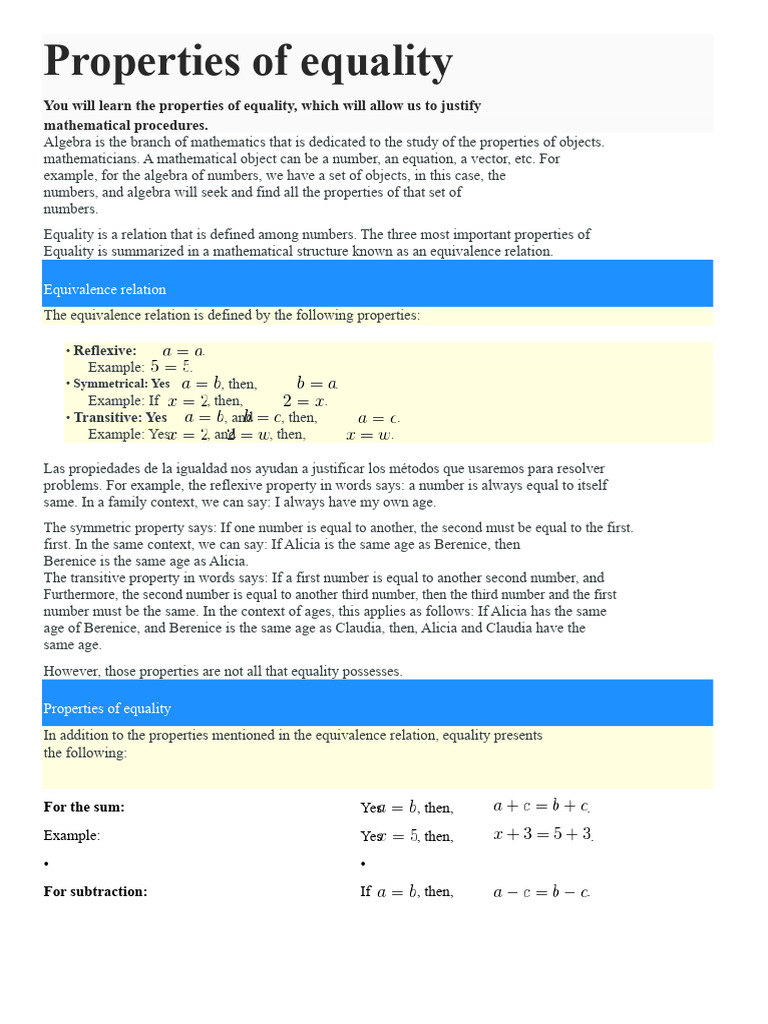 Properties of equality | PDF | Equations | Multiplication
