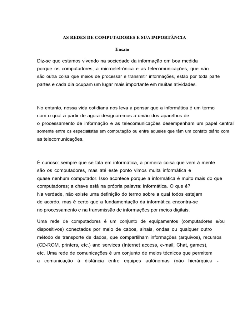 Ensaio. As Redes de Computadores e Sua Importância | PDF | Rede de ...