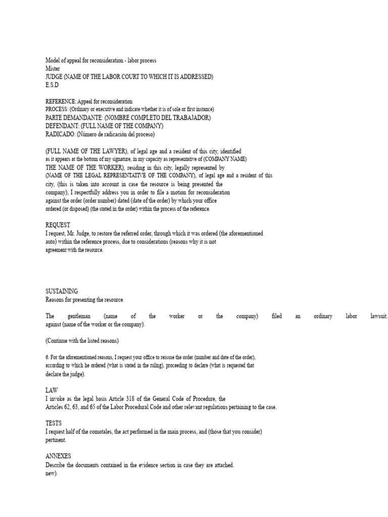 Model of labor appeal for reconsideration 2020 | PDF