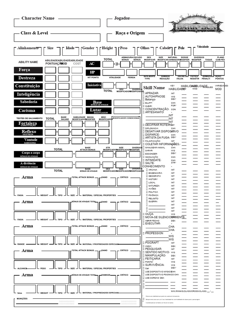 Folha de Personagem de Dark Sun 3.5e | PDF | Entretenimento | Jogos de ...