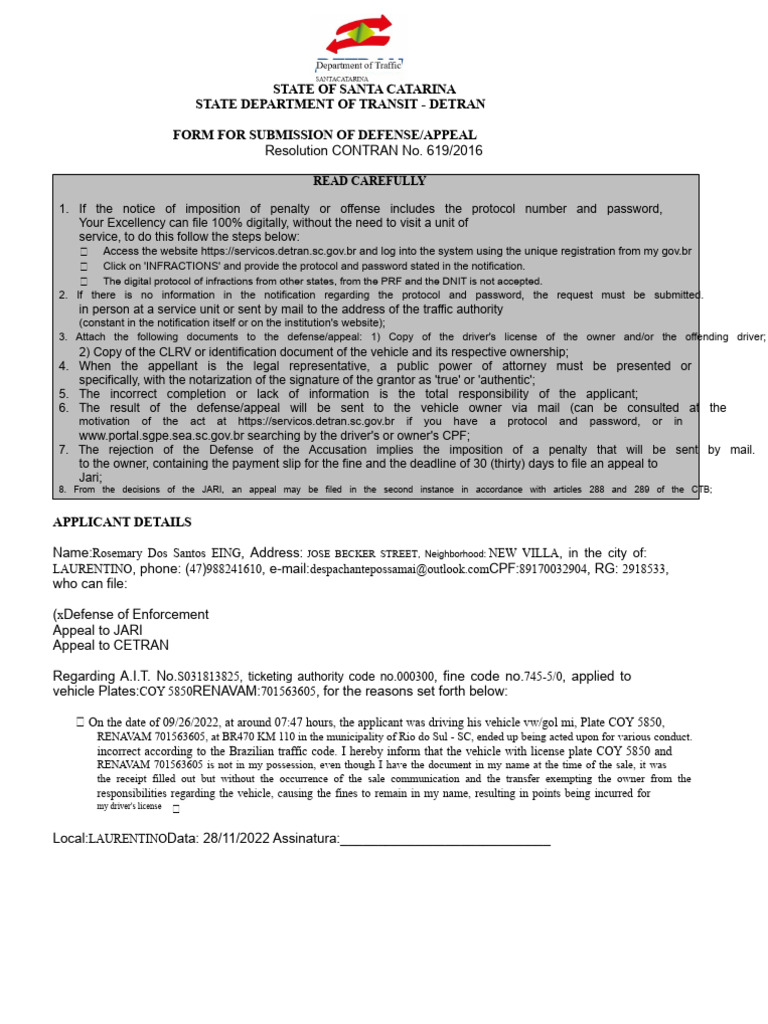 FORM FOR DEFENSES AND APPEALS OF INFRACTIONS | PDF