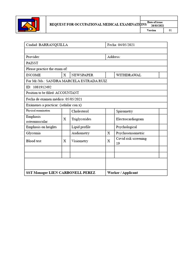 Format For Occupational Medical Exam Request | PDF