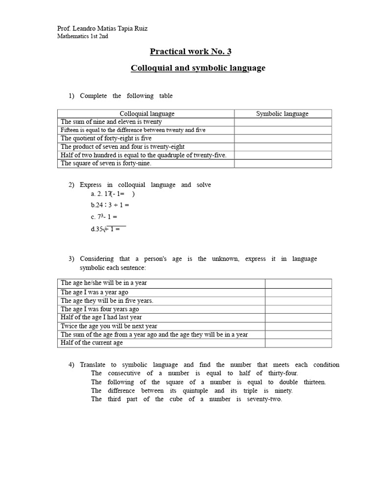 Practical work No. 3 - Colloquial and symbolic language | PDF