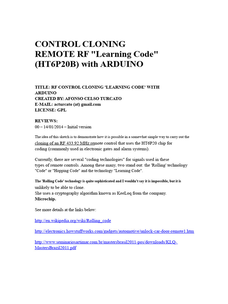 "Cloning" of RF Remote Control "Learning Code" (Ht6p20b) with Arduino ...