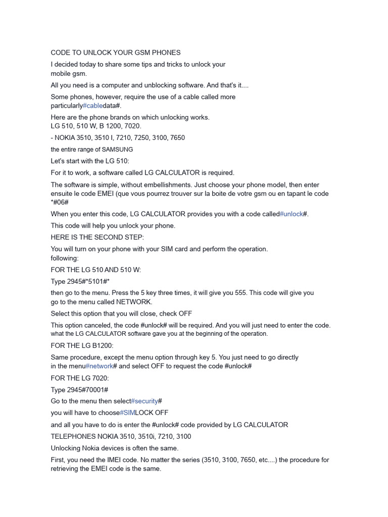 Code to Unlock Your GSM Phones | PDF | Mobile Phones | Consumer Electronics