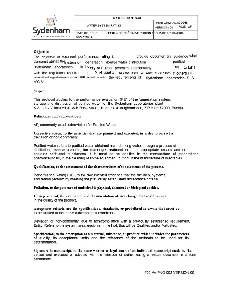 2 F02-VA-PNO-002 VERSION 00 Performance Qualification Protocol Water ...