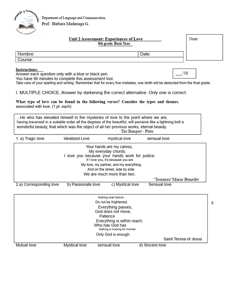 8th Grade Love Assessment Guide | PDF | Poetry | Love
