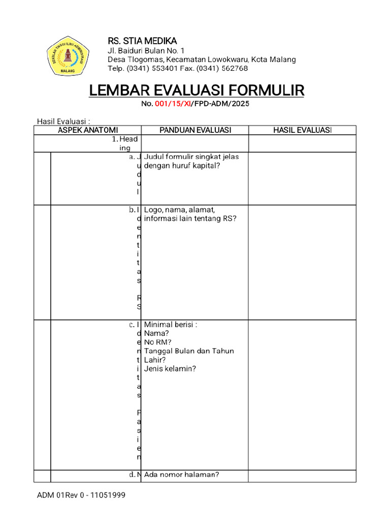 ADM 01 Lembar Evaluasi Formulir | PDF