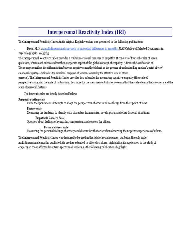 Interpersonal Reactivity Index Overview | PDF | Empathy | Emotions