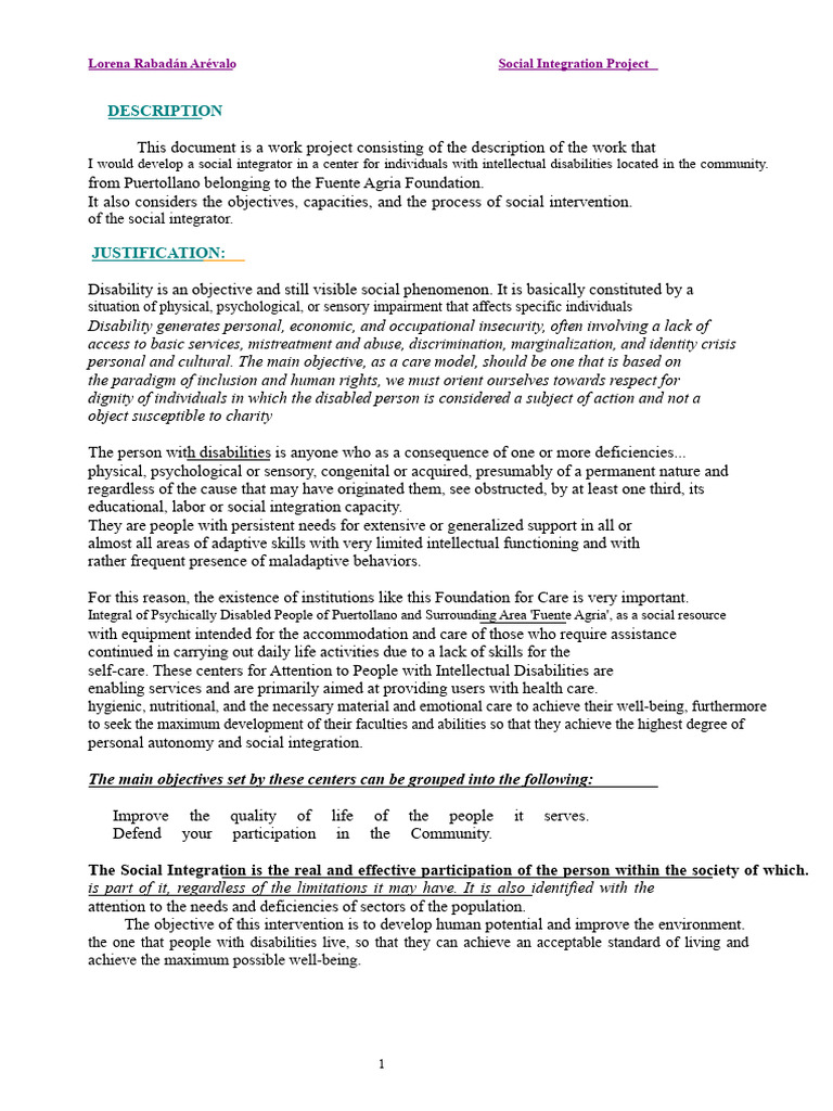 Social Integration Project | PDF | Disability | Methodology