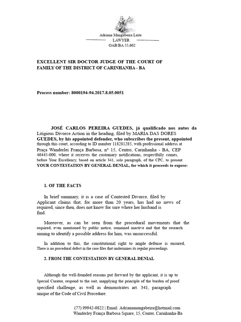 Contestation in Contested Divorce Case | PDF | Burden Of Proof (Law ...