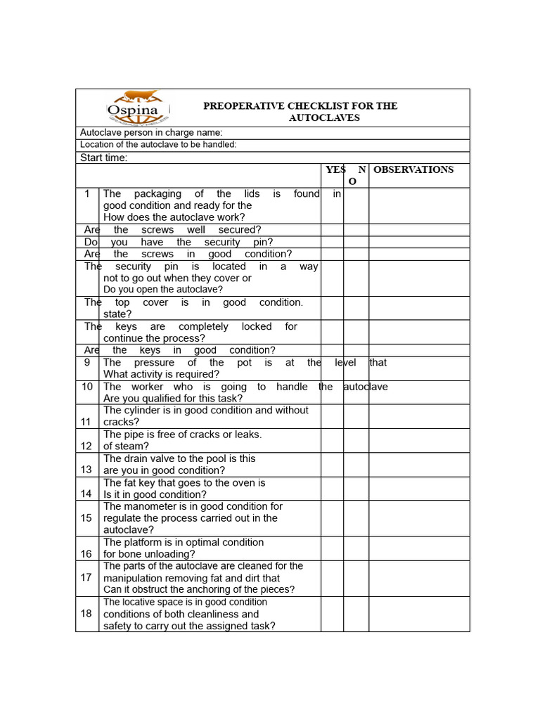 Preoperative Checklist for Autoclaves | PDF