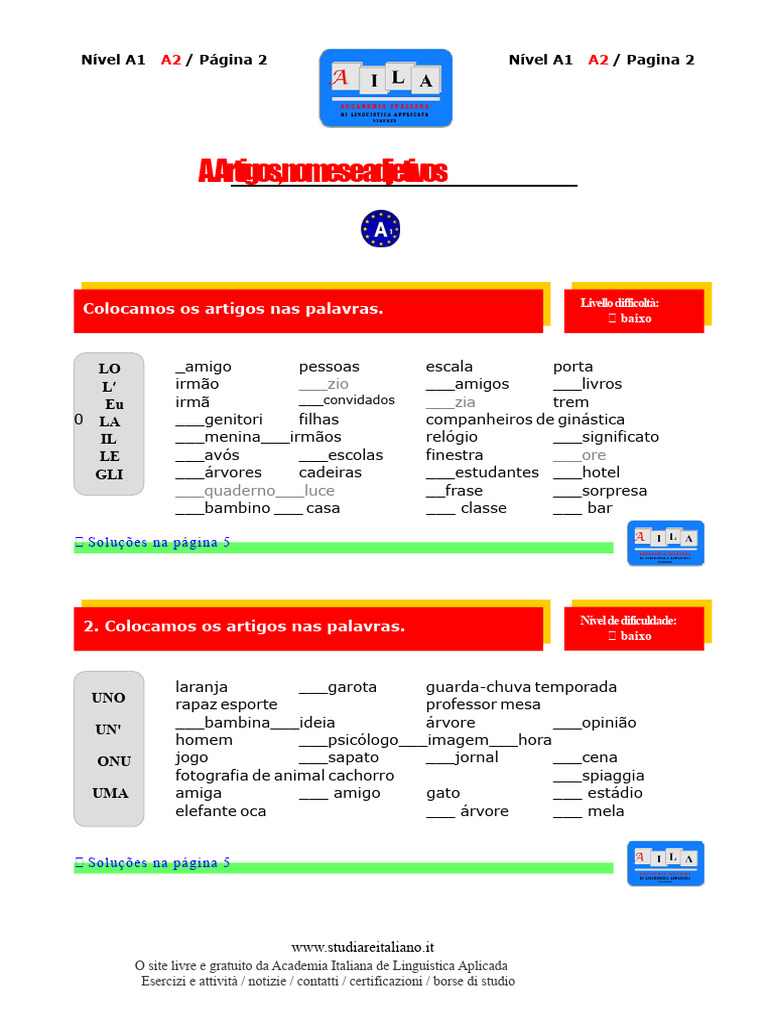 Artigos e Nomes em Italiano A1 | PDF