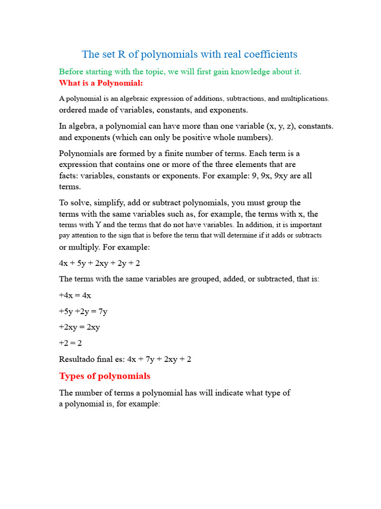 The Set R of Polynomials With Real Coefficients For You BB | PDF ...