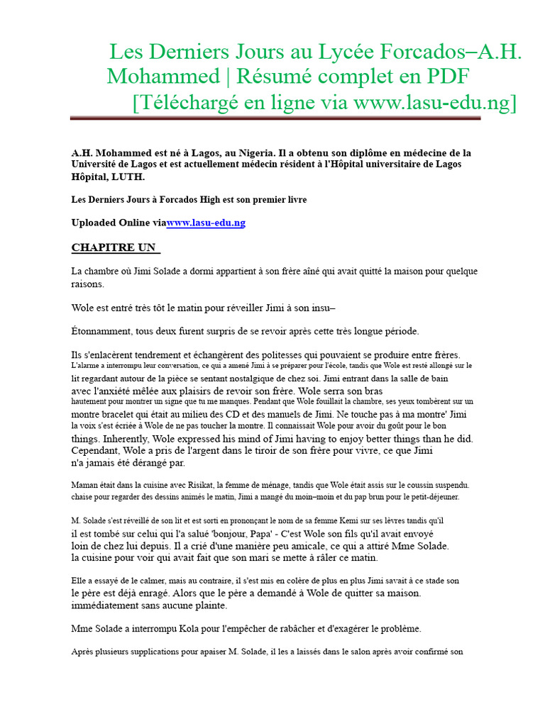 Résumé de "Les Derniers Jours à Forcados" | PDF