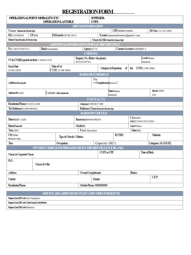 DRIVER REGISTRATION FORM | PDF | Transport | Vehicles