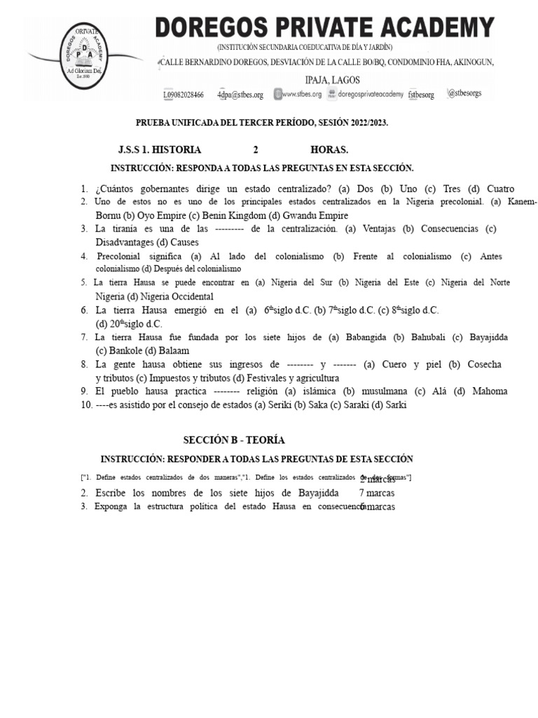 TERCERA EVALUACIÓN UNIFICADA JSS1 Historia | PDF