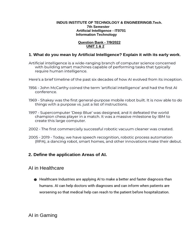 Artificial Intelligence(AI)_Question Bank Ans (Unit 1 & 2) | PDF ...