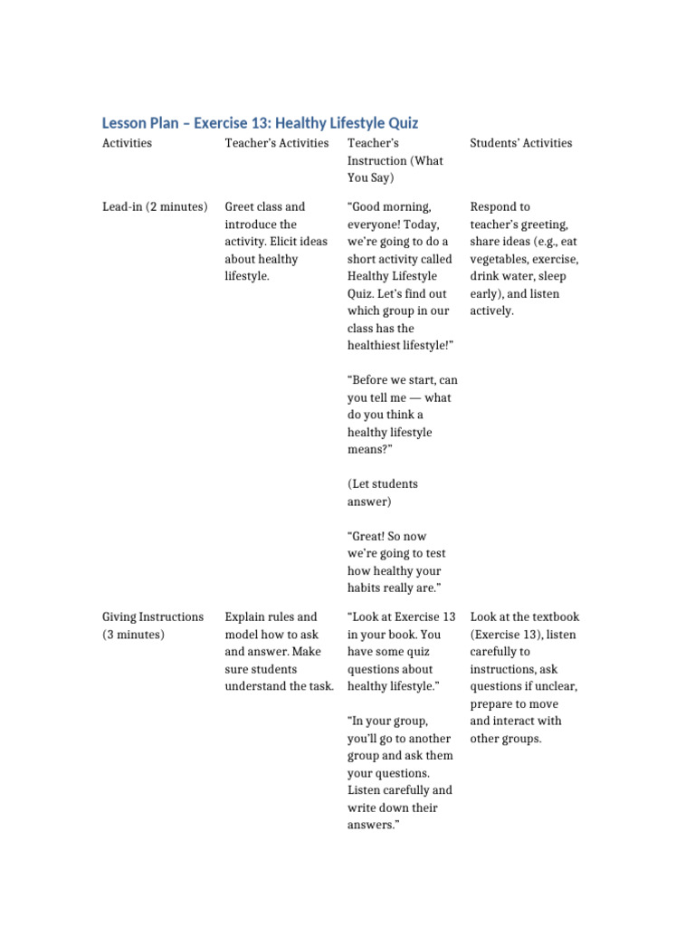 Lesson Plan Exercise 13 Healthy Lifestyle Quiz | PDF