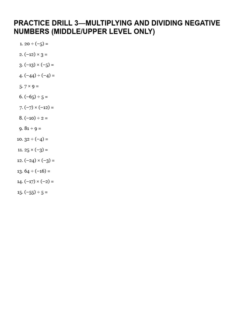Practice Drill 3-Multiplying and Dividing Negative Numbers (Middle ...