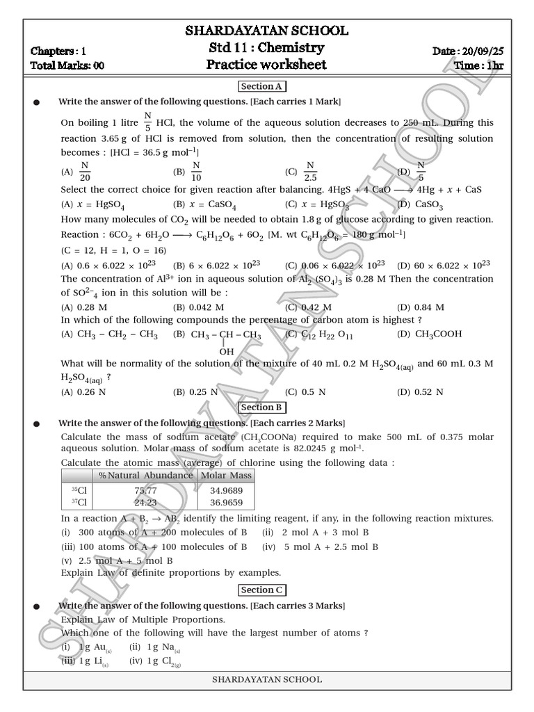 Practiceworksheet D20 Sept 2025 | PDF | Mole (Unit) | Argon
