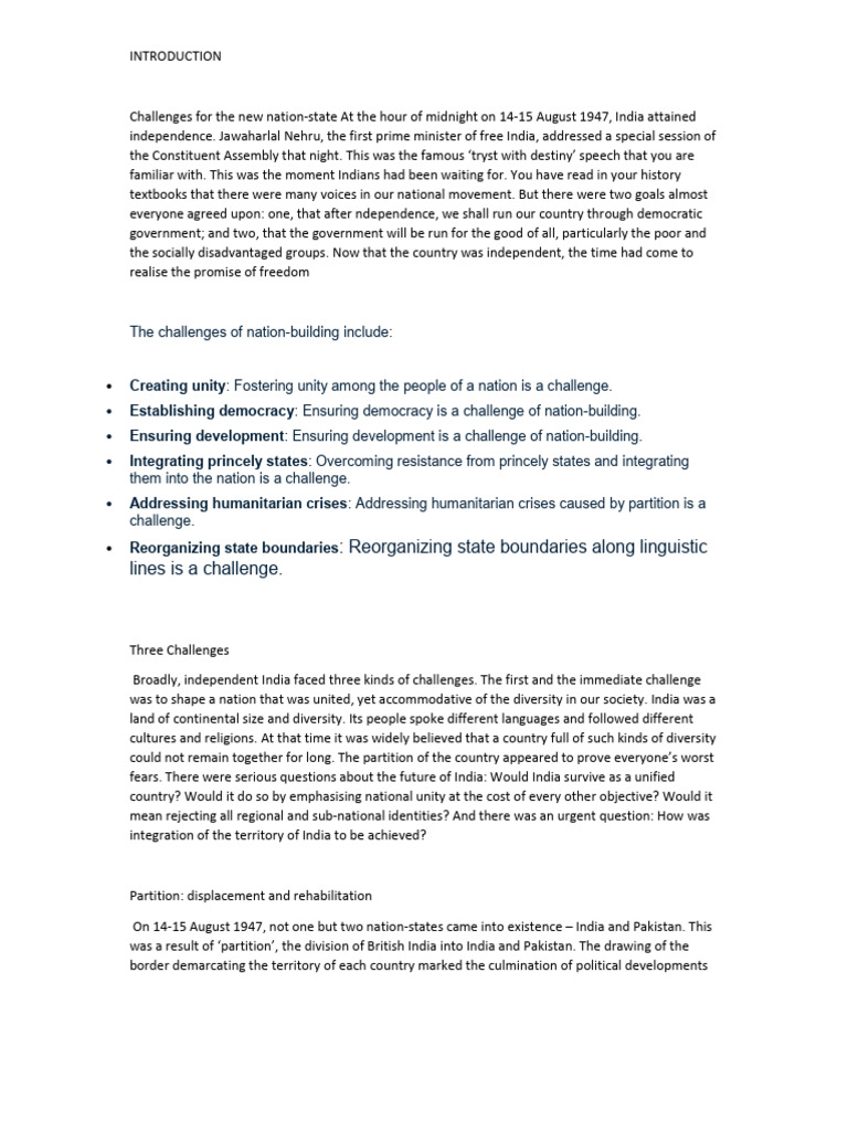 Challenges of Nation-Building in India | PDF | Partition Of India | Two ...