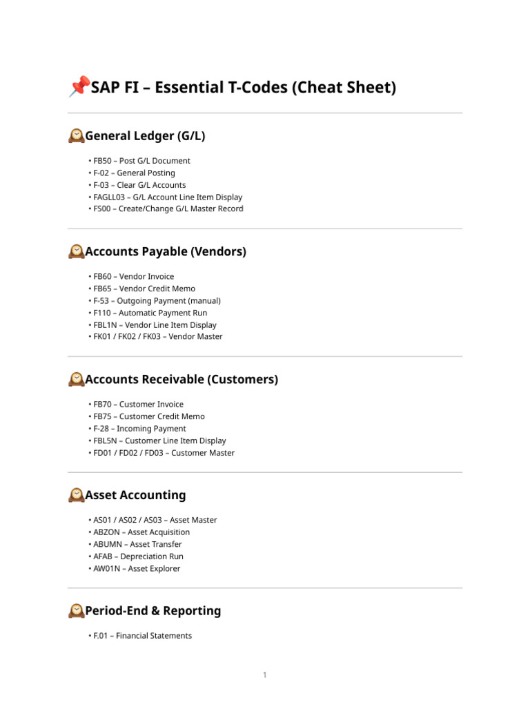 SAP FI T-Codes Cheat Sheet Guide | PDF