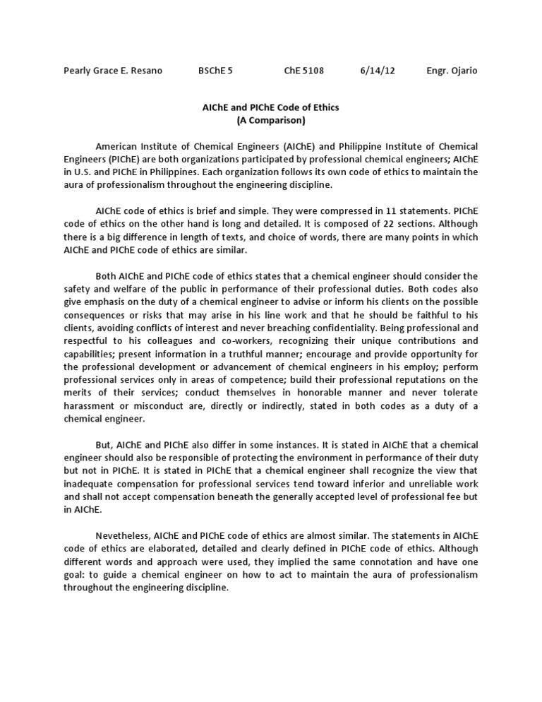 AIChE vs PIChE Code of Ethics Comparison | PDF | Engineer | Chemical ...