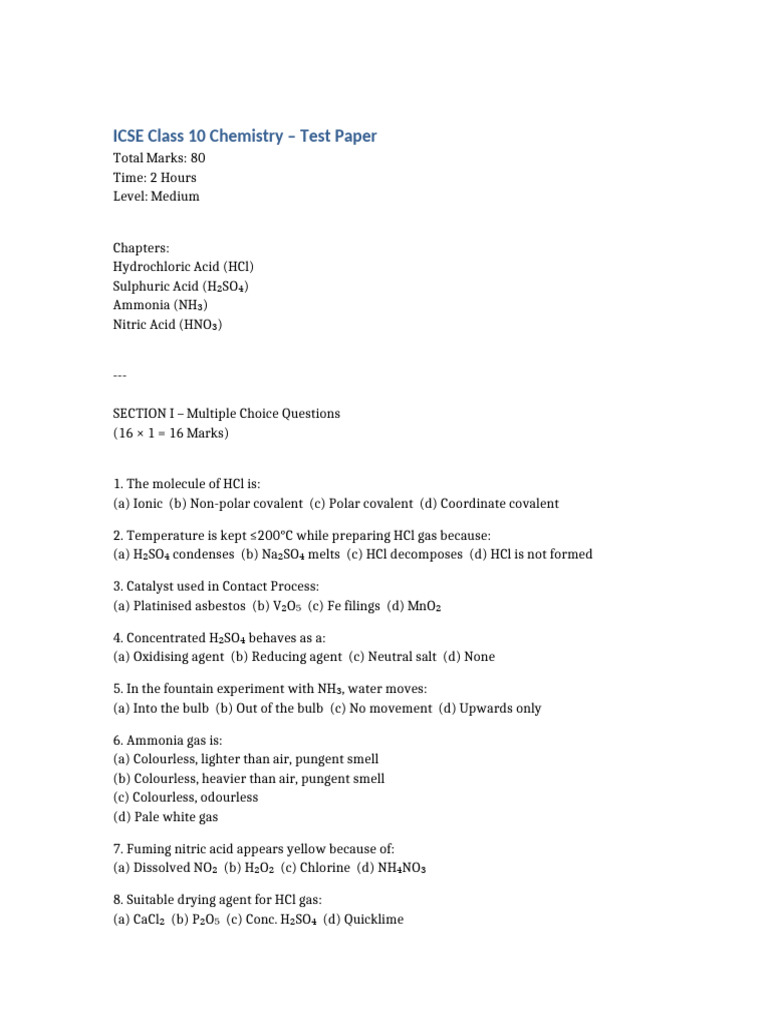 ICSE Class 10 Chemistry Test Paper | PDF | Sulfuric Acid | Ammonia