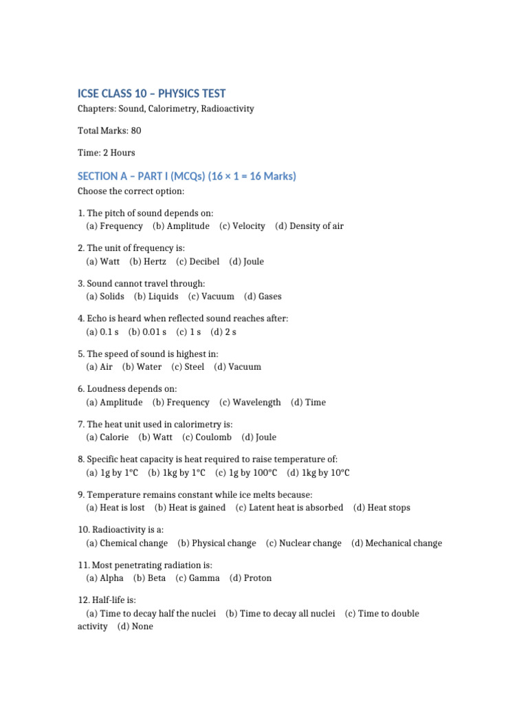ICSE Class10 Physics Test | PDF | Sound | Heat