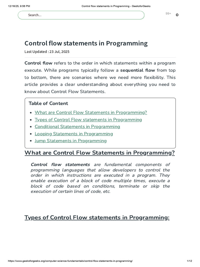 Control Flow Statements in Programming - GeeksforGeeks | PDF | Control ...