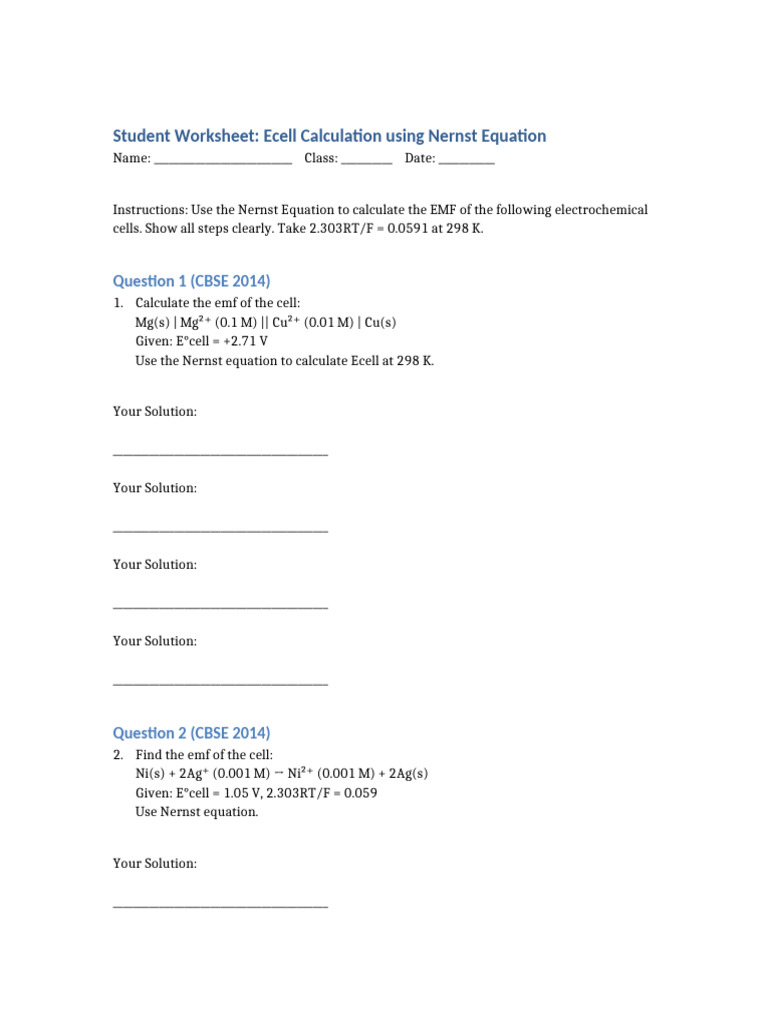Ecell Calculations with Nernst Equation | PDF