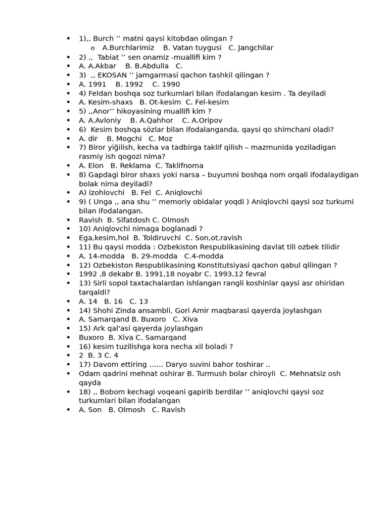 Test Uzbek Tili | PDF