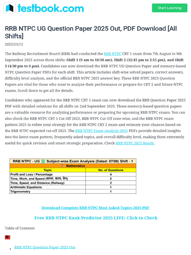 RRB NTPC Question Paper 2025 Out | PDF