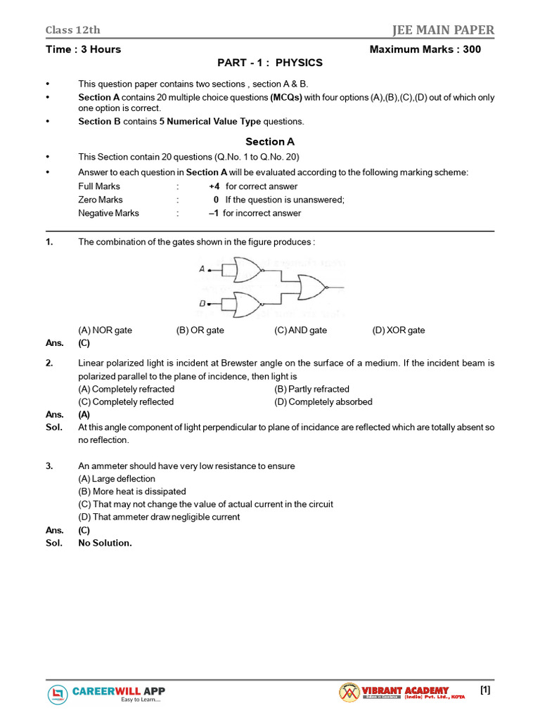 JEE Main Physics Paper Class 12 Solutions | PDF | Ph | Alternating Current
