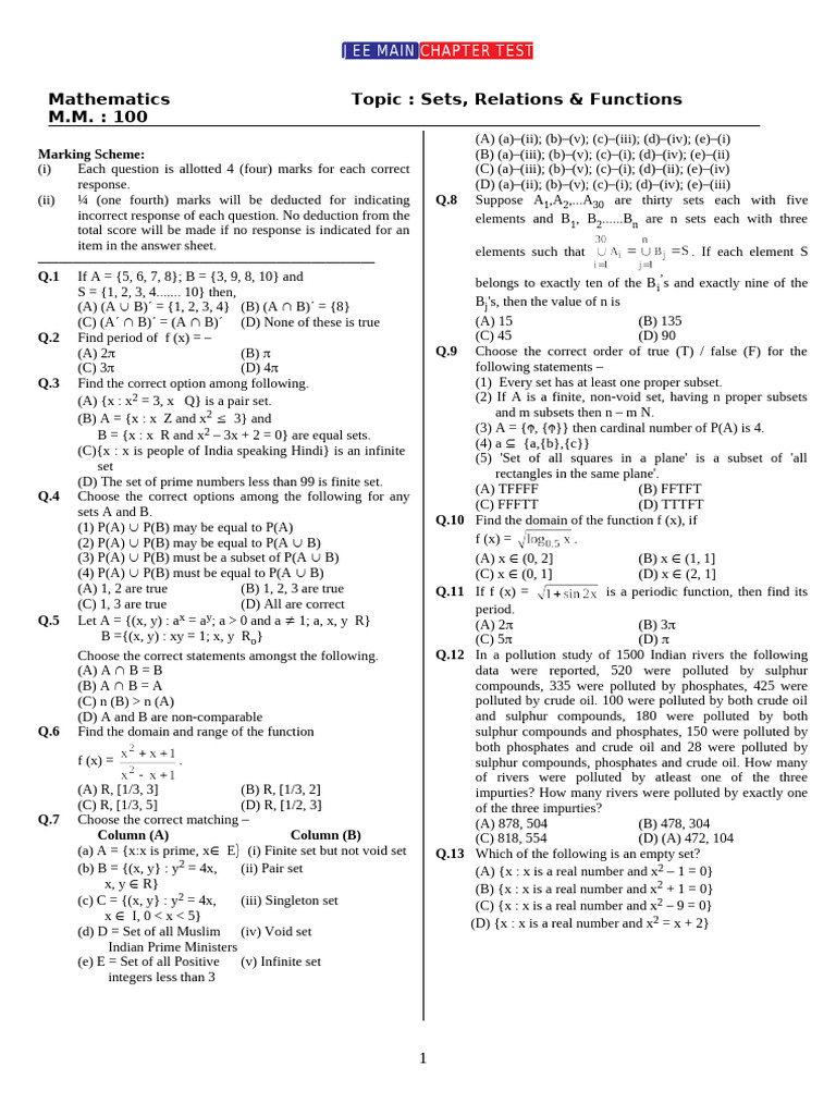 Chapter Test-1 (Sets, Relations & Functions) | PDF | Set (Mathematics ...