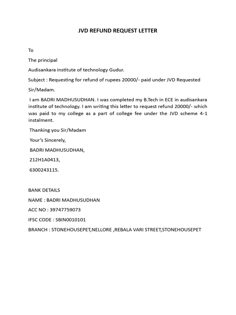 Jvd Refund Request Letter Madhu1 | PDF